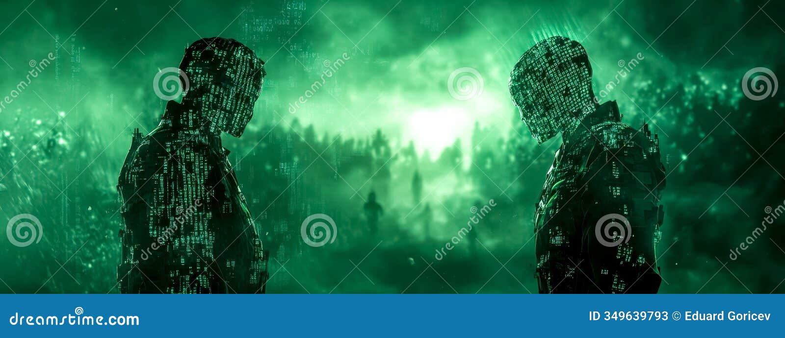 Two Digital Armies of Binary Code Facing Each Other in Futuristic ...