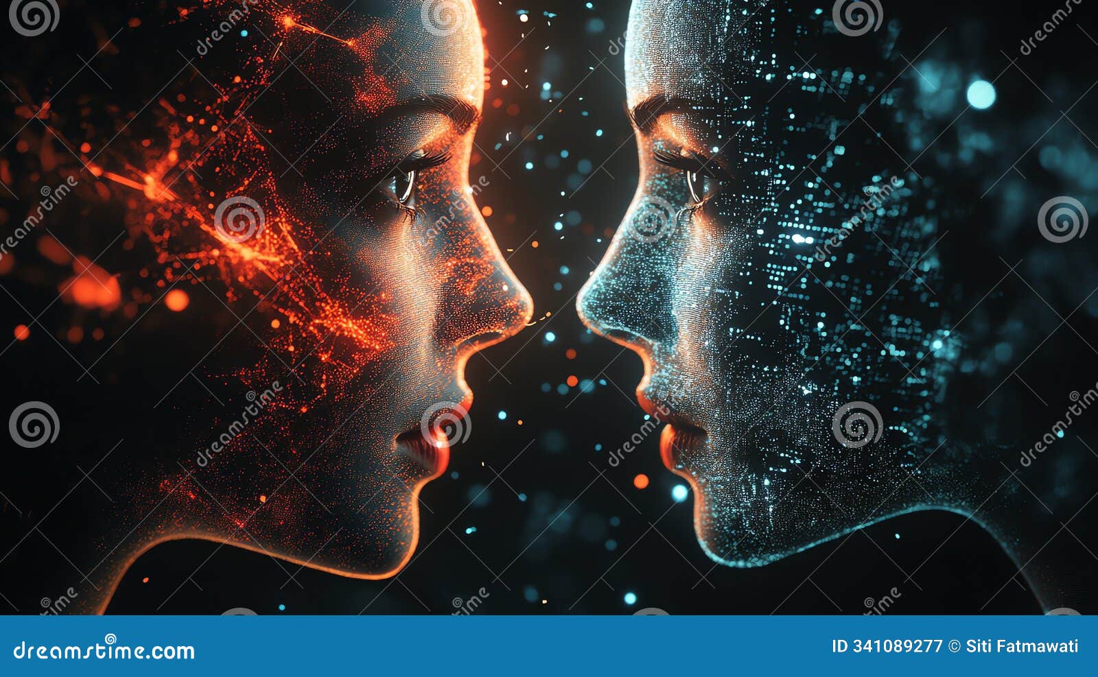 Two Digital Faces, One Fire and One Ice, Facing Each Other with a Dark ...