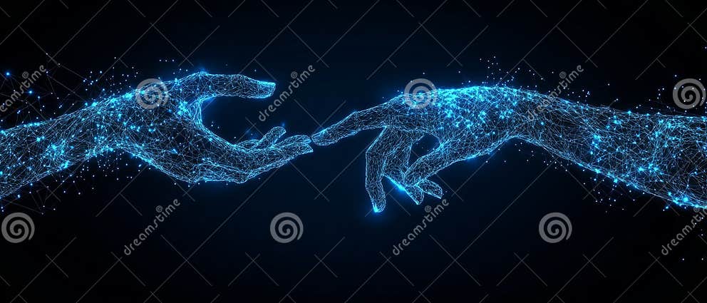 Two Digital Hands, Composed of Glowing Particles, Extend Toward One ...