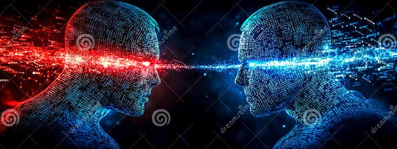 Two Digital Heads Exchanging Binary Code Beams, Futuristic Data Transfer Stock Photo - Image of ...
