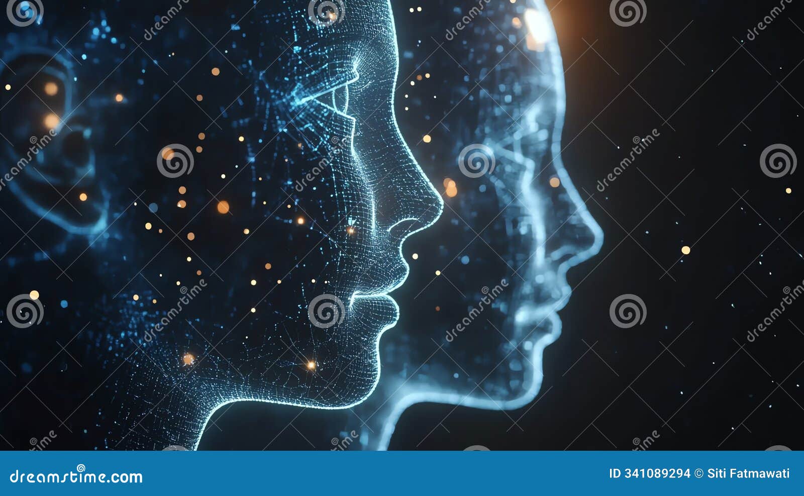 Two Digital Human Faces Connected by a Line of Data, with Glowing ...