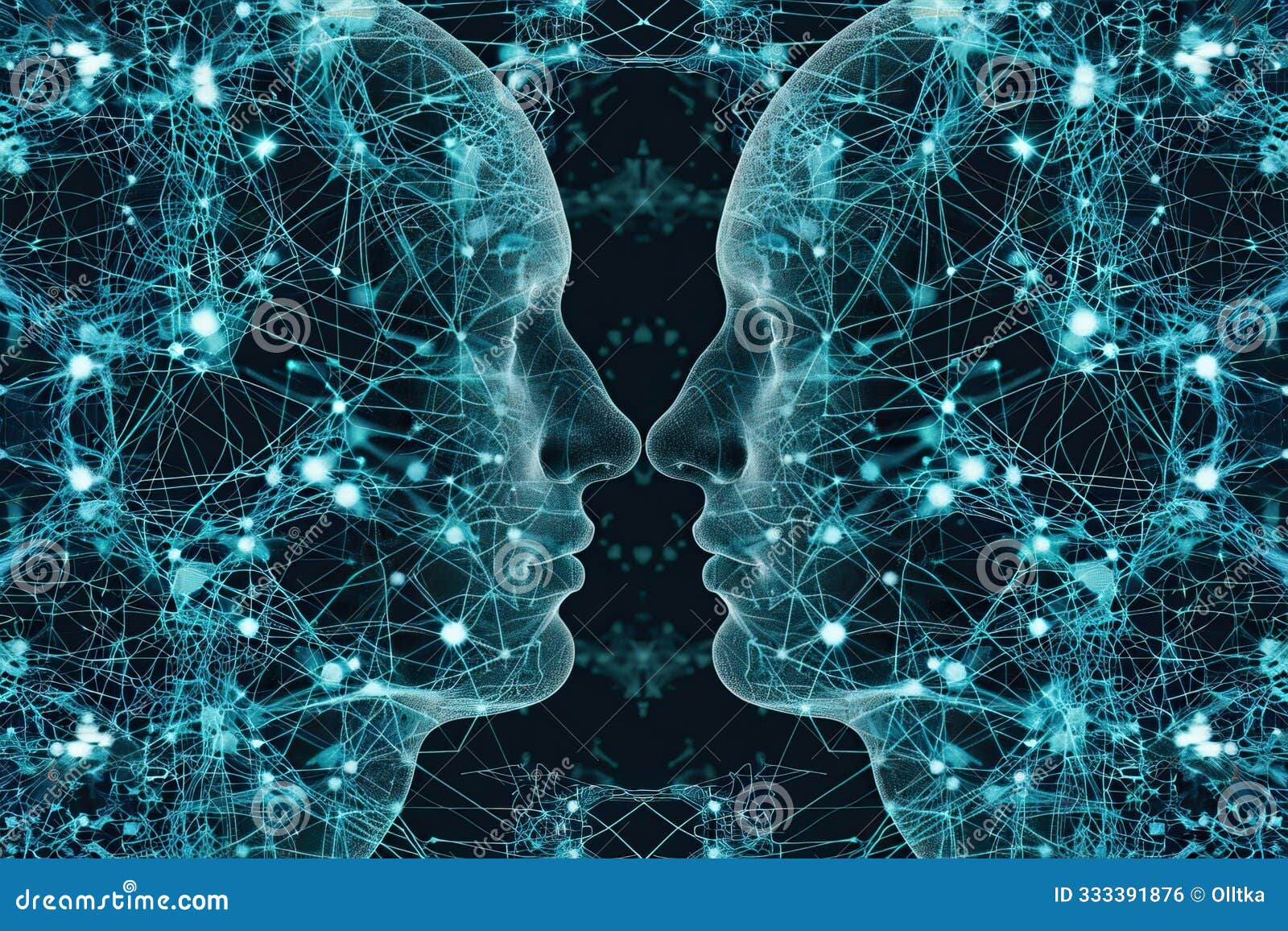 Two Digital Human Faces Surrounded by a Network of Glowing Neural ...