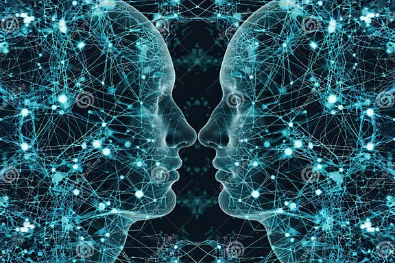 Two Digital Human Faces Surrounded by a Network of Glowing Neural ...