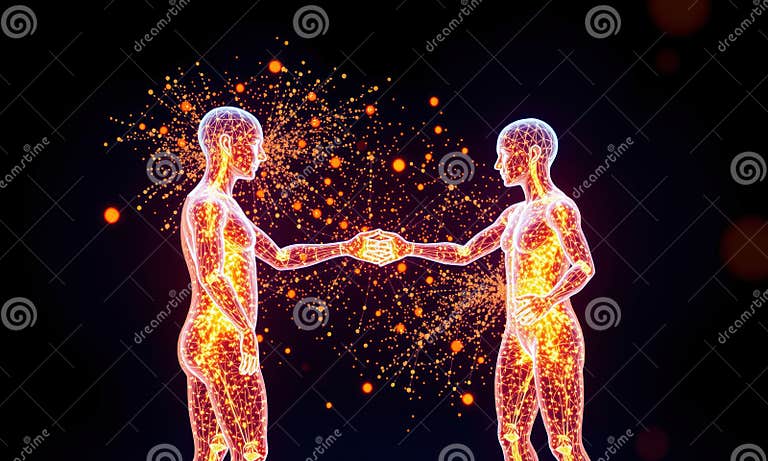 Two Digital Human Figures Shaking Hands, Surrounded by Glowing ...