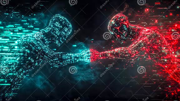 Two Digital Humanoids Made of Binary Code Shaking Hands in a Dark ...