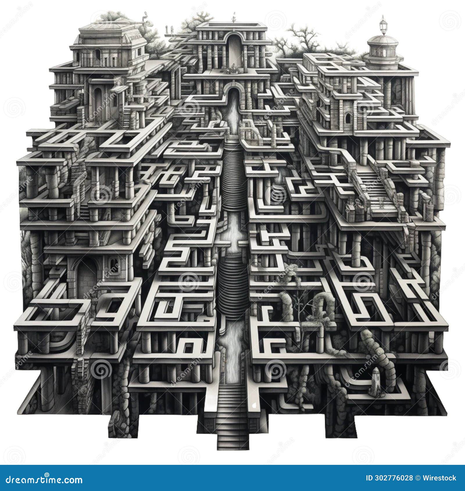 Two-dimensional Maze Drawing Featuring a Building on a White Paper ...