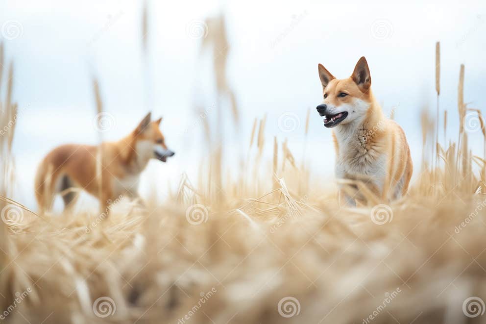 Two Dingoes Coordinating an Ambush in a Field Stock Illustration ...