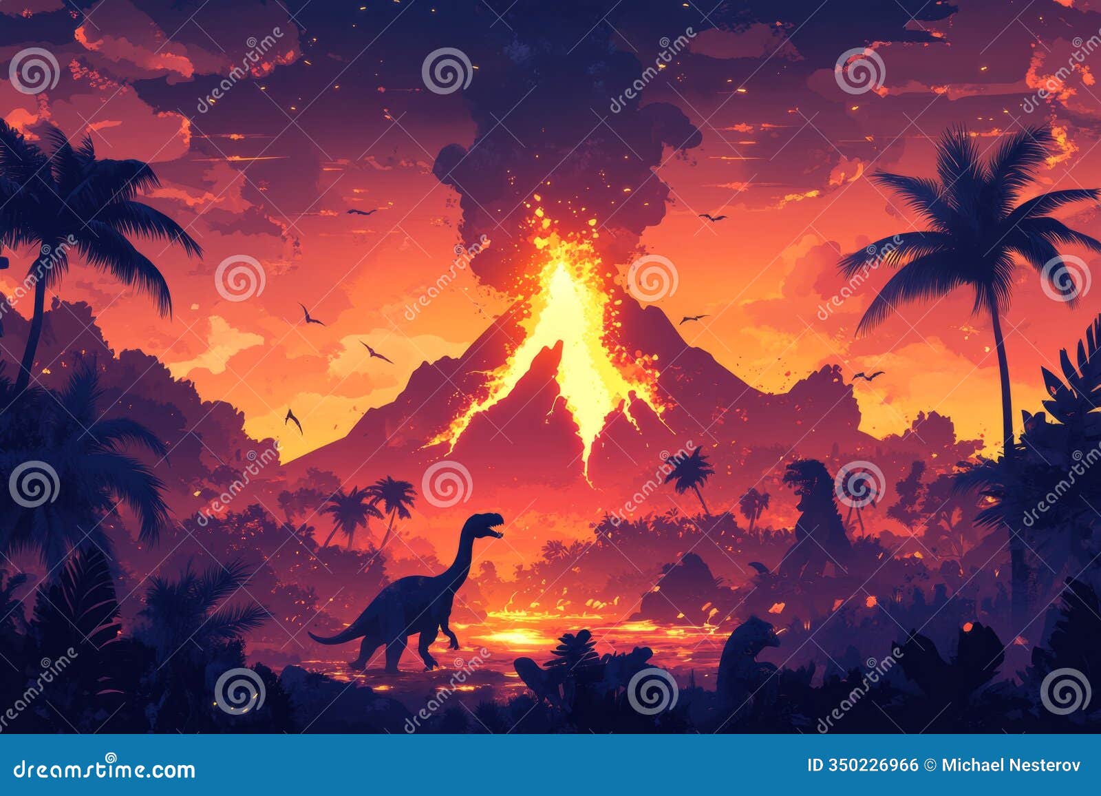 Two Dinosaurs Escaping an Erupting Volcano during the Cretaceous Era ...