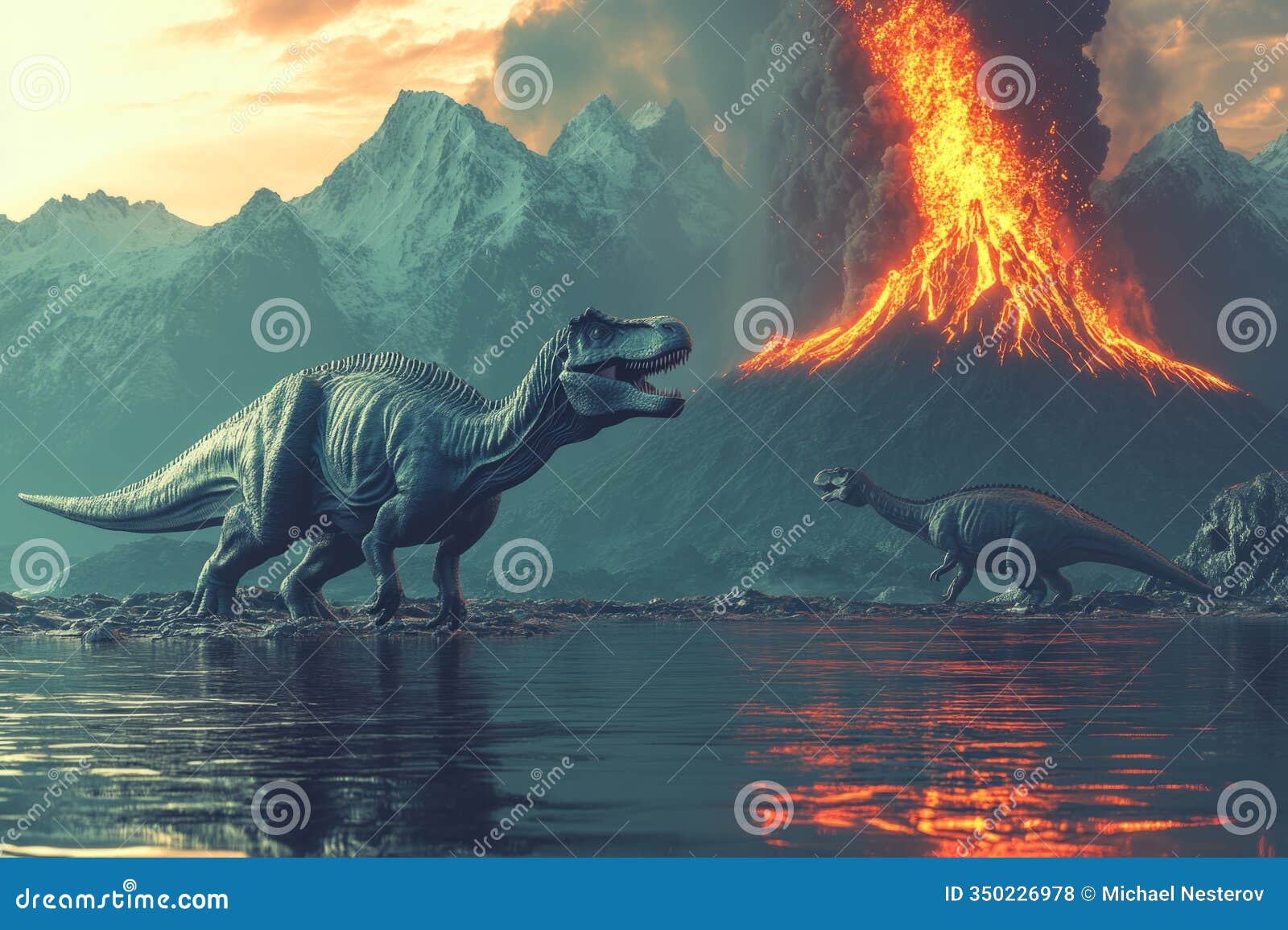 Two Dinosaurs Escaping an Erupting Volcano during the Cretaceous Era ...