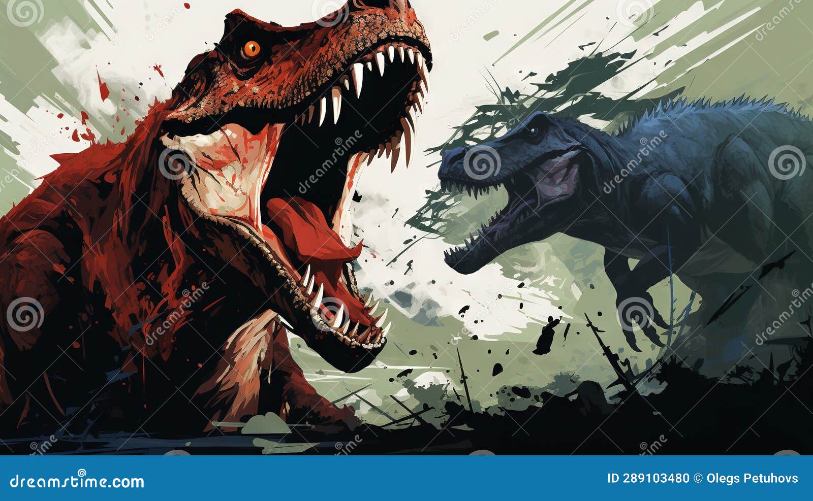 Two Dinosaurs Fighting Each Other in a Field of Grass and Dirt Stock ...