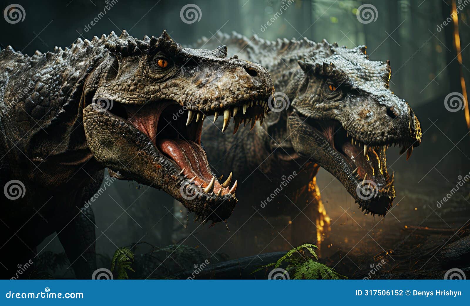 Two Dinosaurs Roaring in Forest Stock Photo - Image of creatures ...