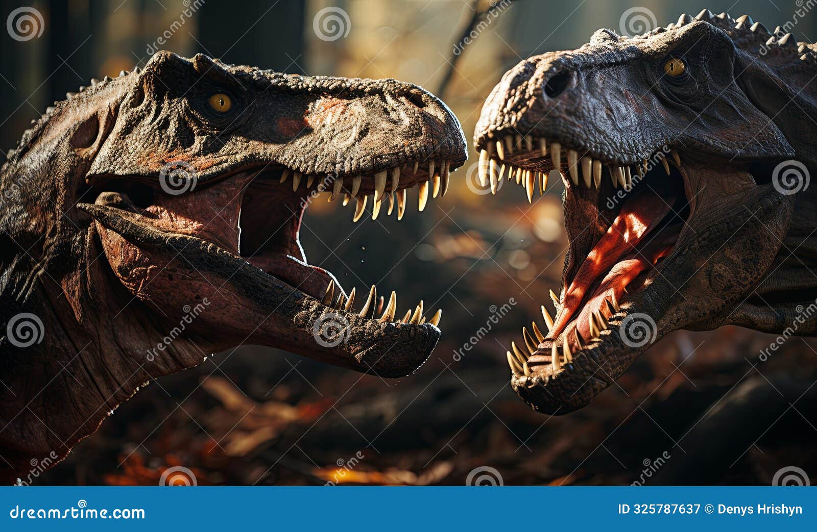 Two Dinosaurs Roaring in Forest Stock Image - Image of gigantic, preys ...