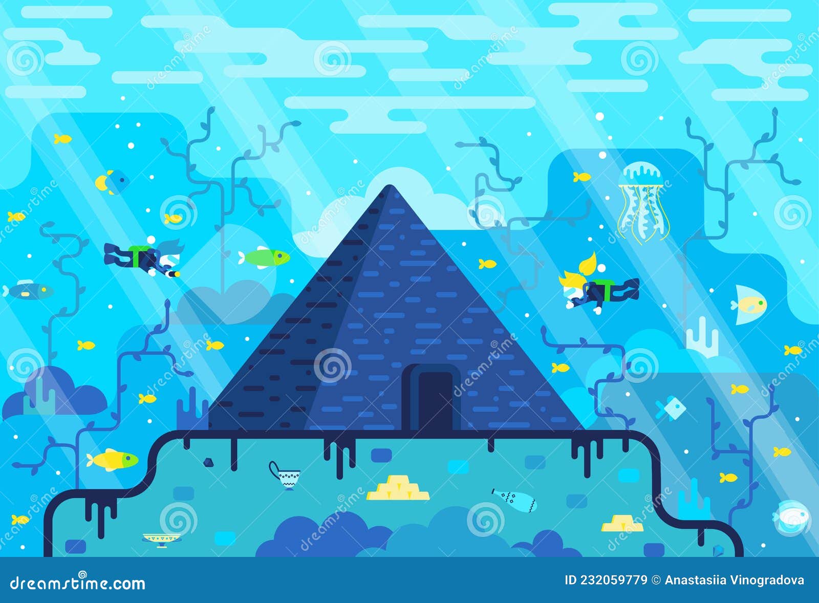 Two Little Divers Explore The Ancient Stone Pyramid Underwater. Vector ...