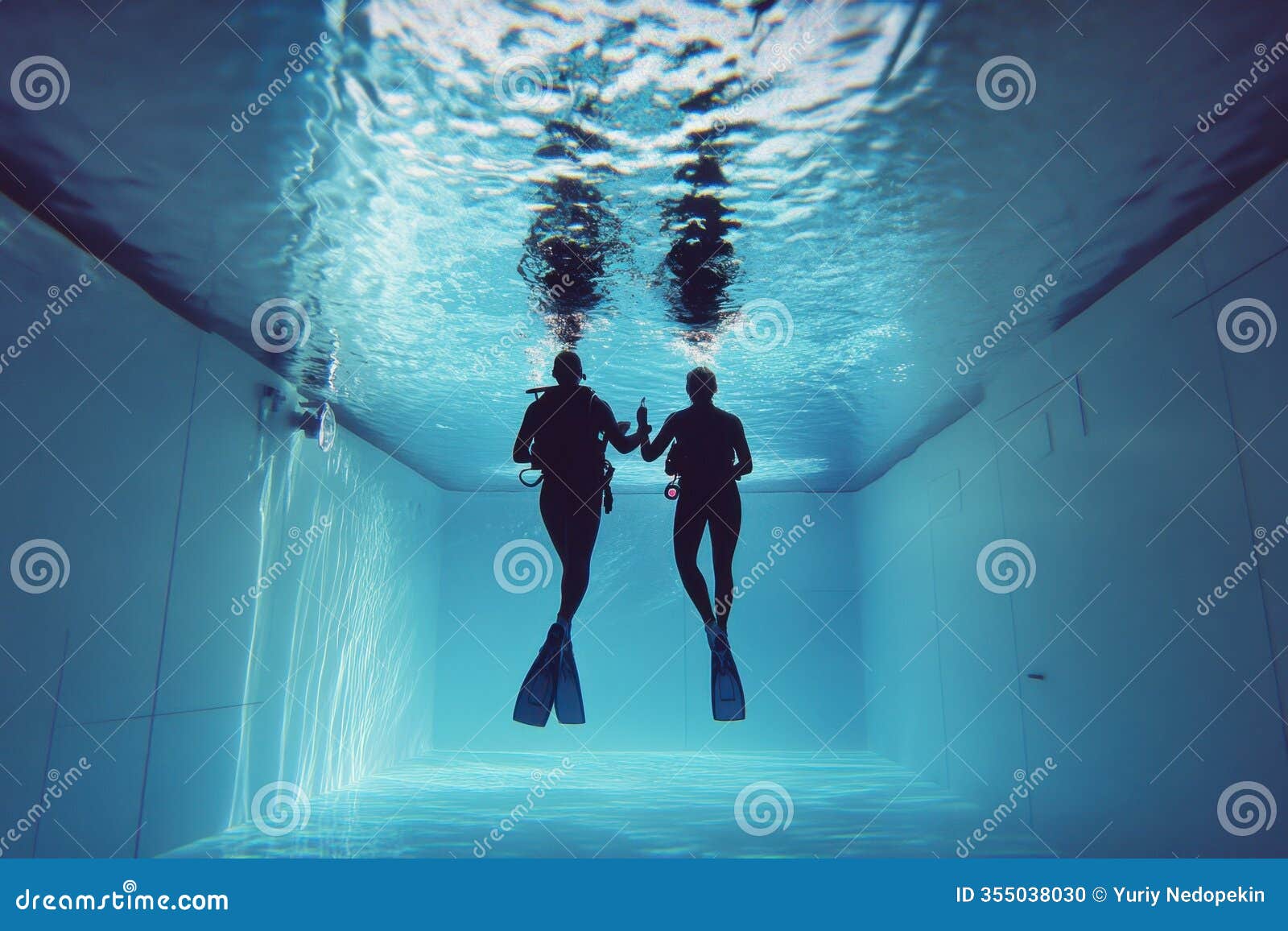 Two Divers Exploring an Underwater Pool, Showcasing Their Diving Skills ...
