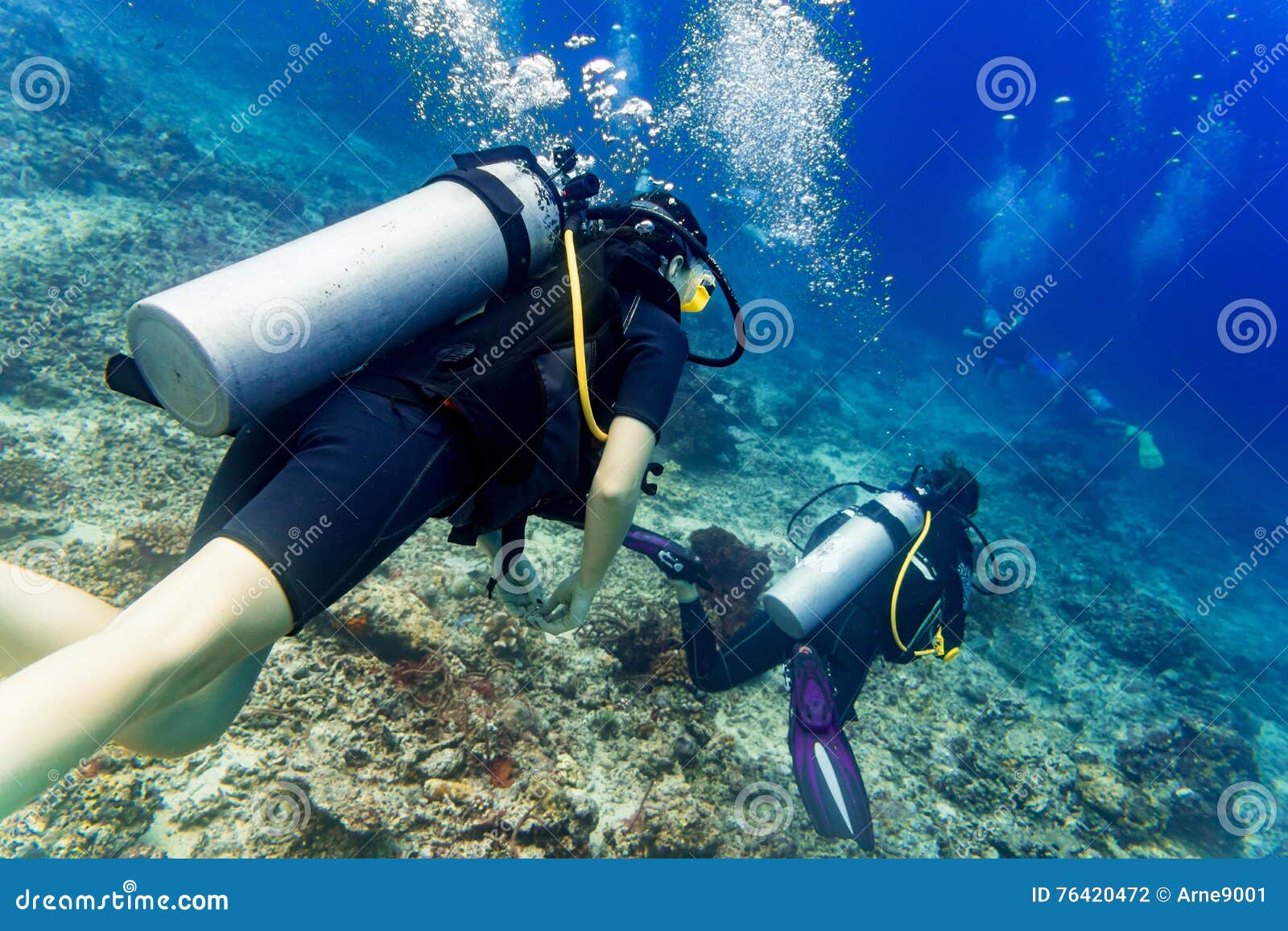 Two Divers Scuba Diving in Tropical Sea at Reef Stock Photo - Image of ...