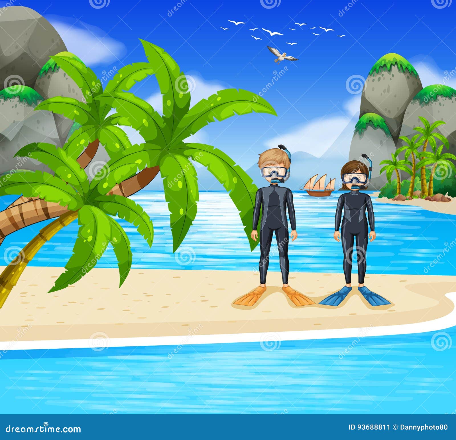 Two divers at the seaside stock vector. Illustration of diving - 93688811