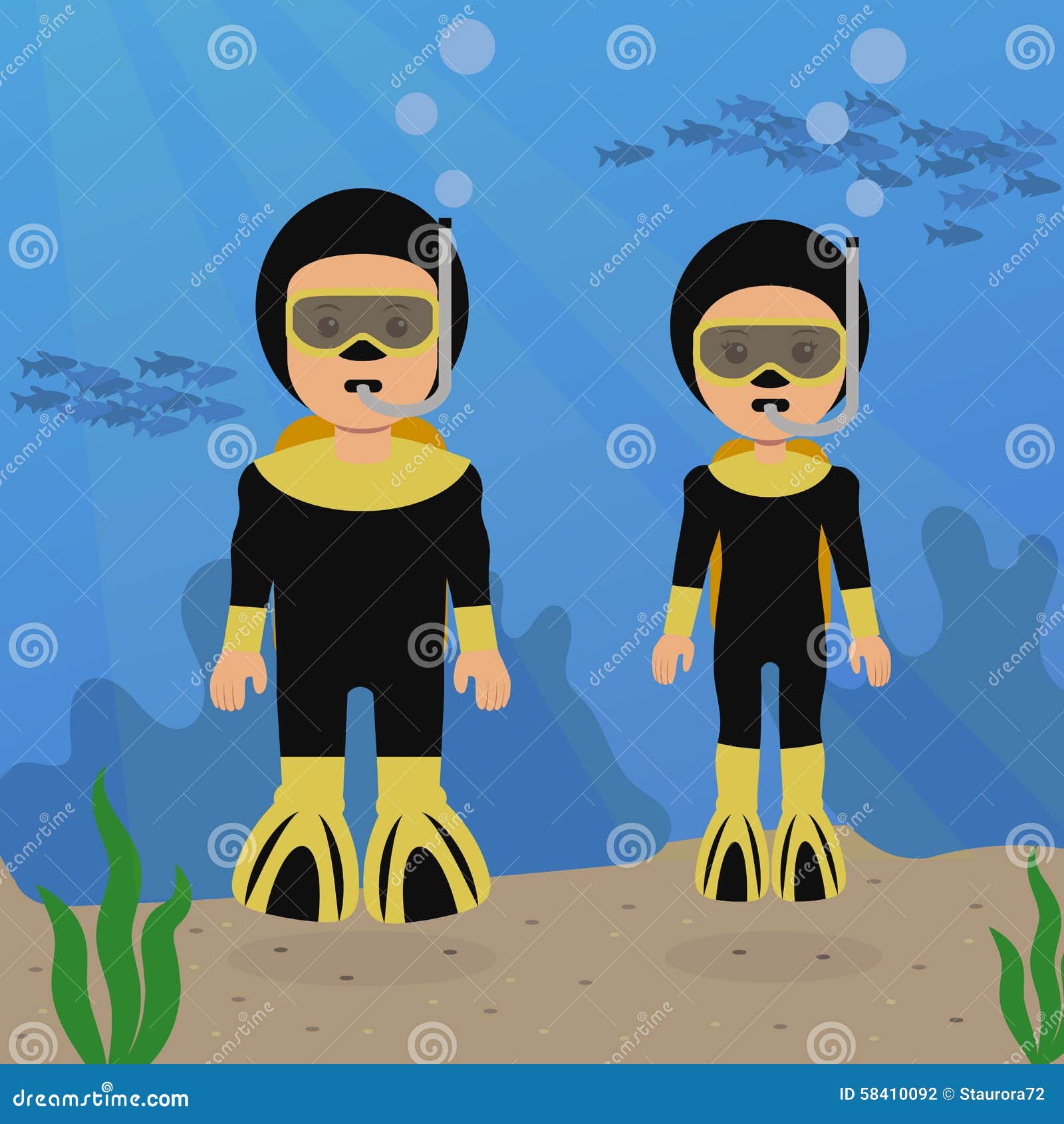 Two Divers Under Water Watching Underwater World Stock Vector ...