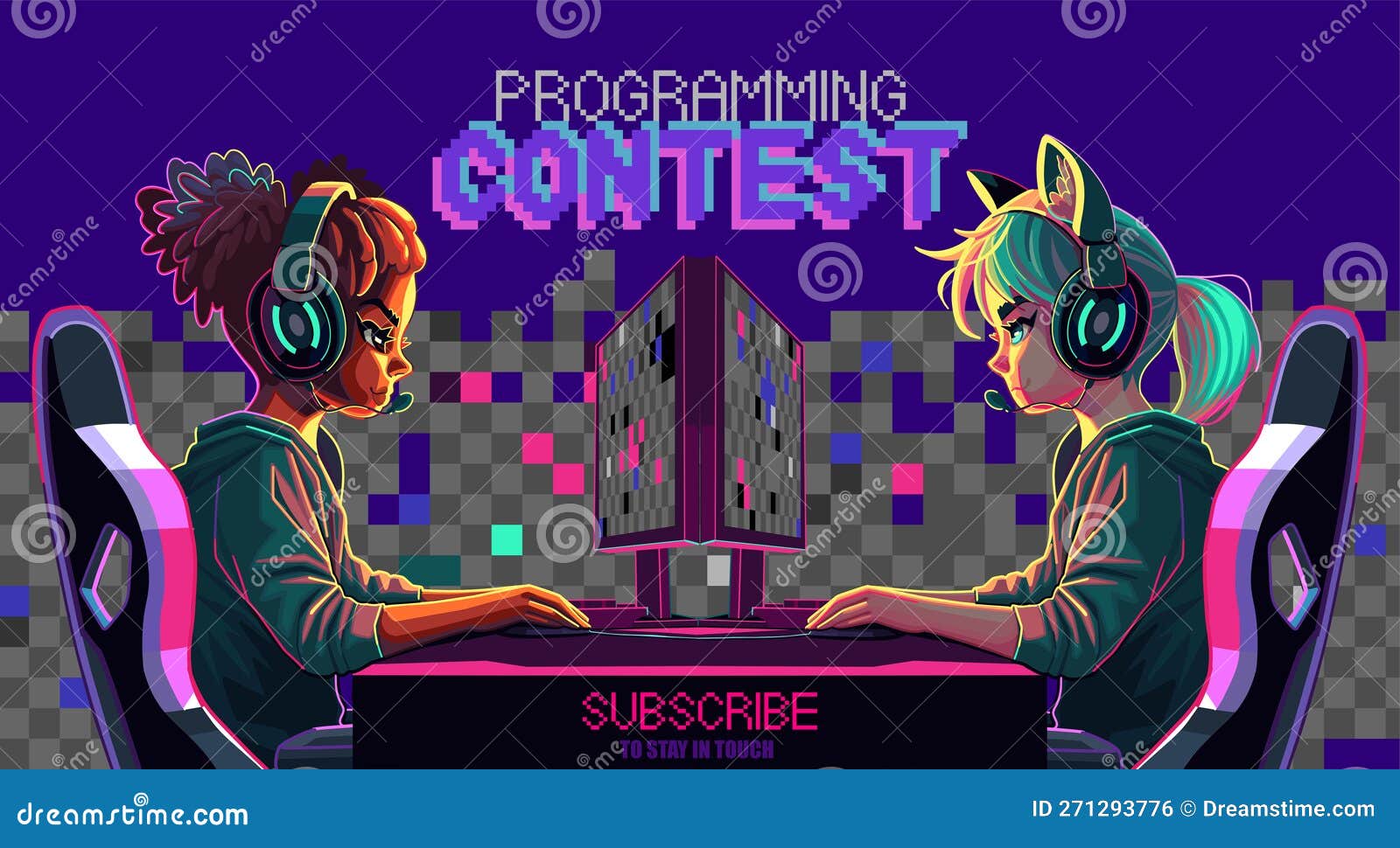 Two Diverse Girls Programmers in a Headsets Sitting in Front of Their ...