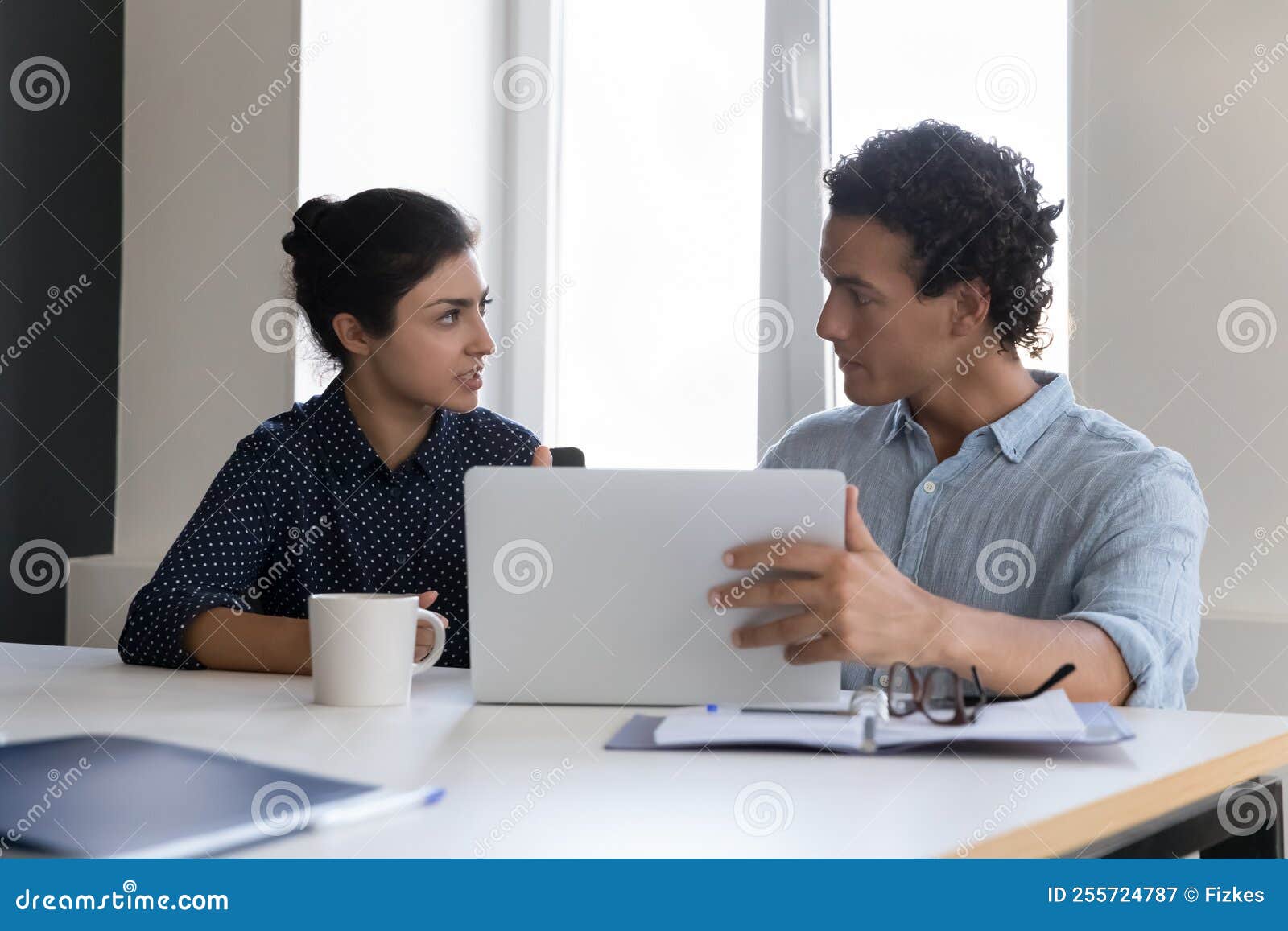 Two Diverse Team Coworkers Sharing Computer at Workplace Stock Image ...