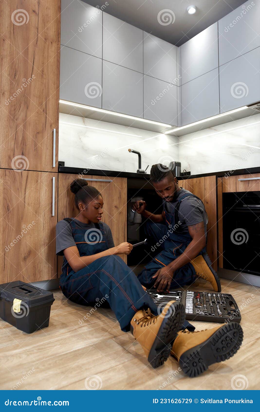 Two Diverse Technicians Doing Kitchen Sink Preventive Maintenance Stock ...