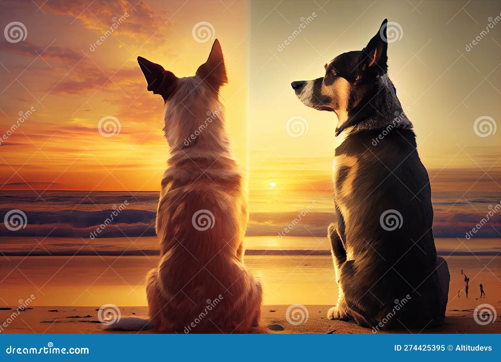 Two Dogs, on Beach, with View of Sunset in the Background Stock ...