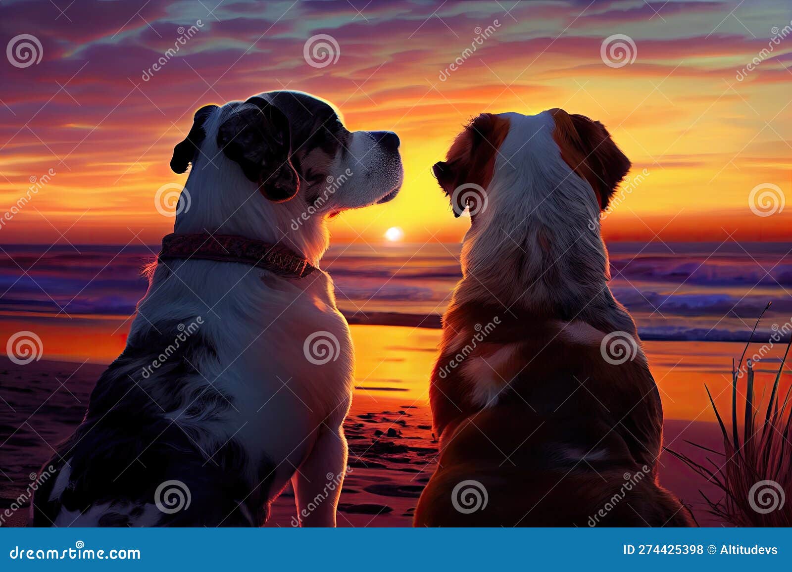 Two Dogs, on Beach, with View of Sunset in the Background Stock ...