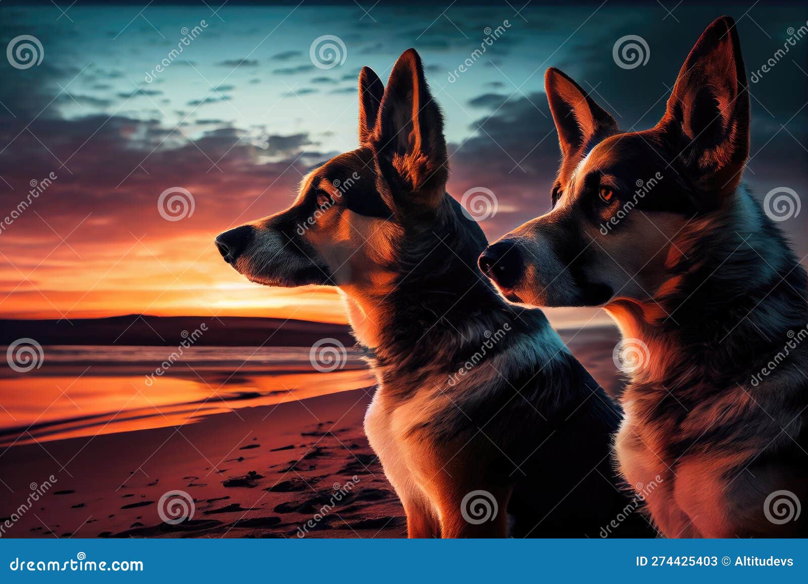 Two Dogs, on Beach, with View of Sunset in the Background Stock ...