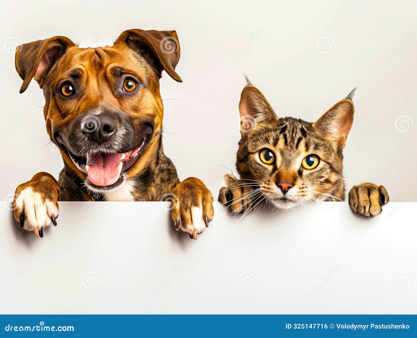 Two Dogs and Cats Peeking Over a White Board Stock Photo - Image of ...