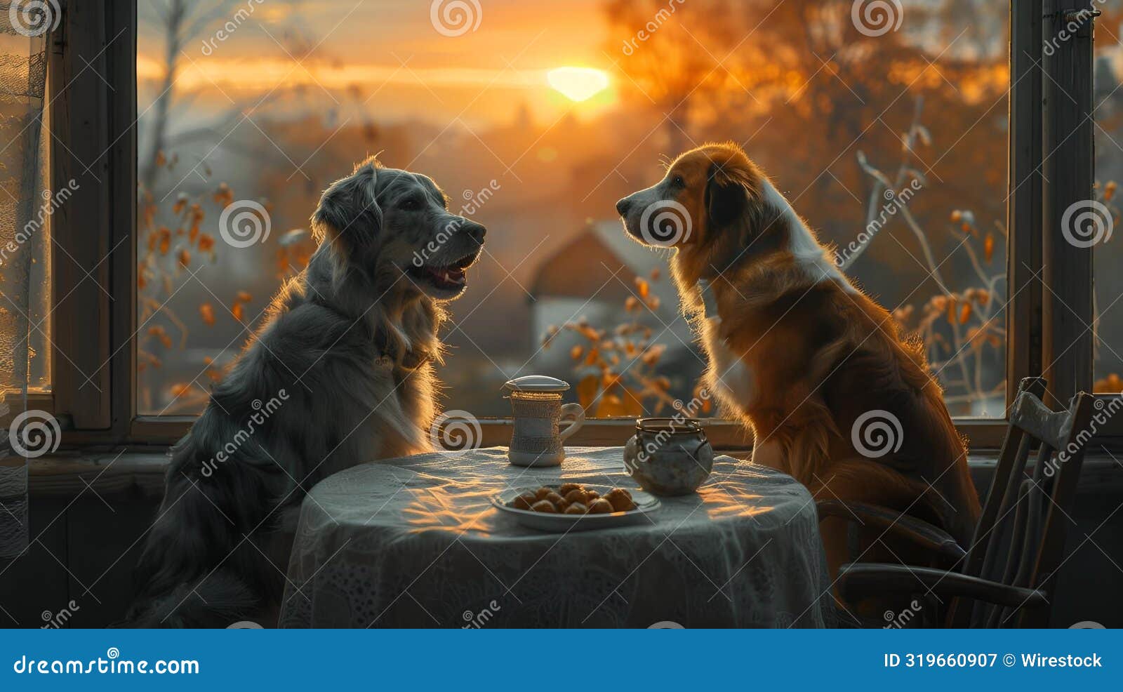 Two Dogs Having Tea Together Near a Window at Sunset, AI-generated ...