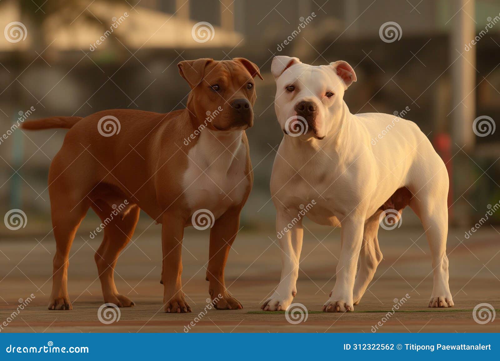 Two Dogs, One Brown and One White, Stand Facing Each Other Stock ...