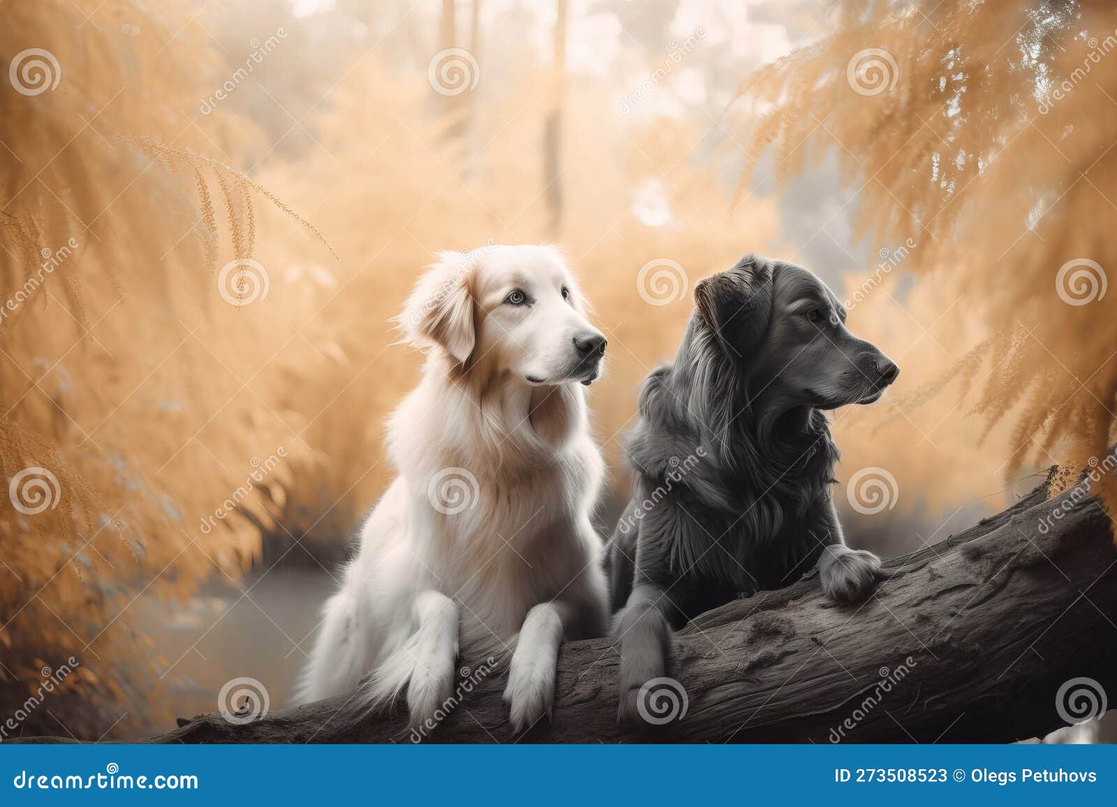 Two Dogs are Sitting on a Branch in the Woods Together Stock ...