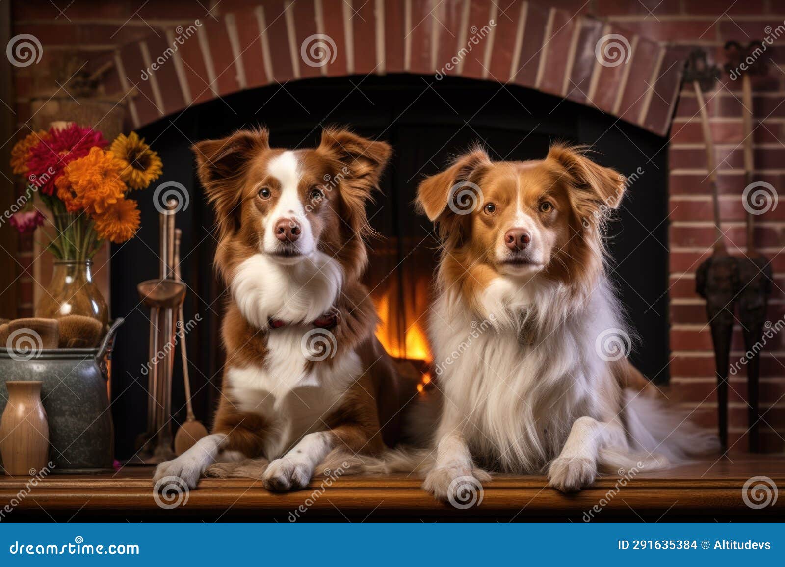 Two Dogs Sitting Together in Front of a Fireplace Stock Photo - Image ...