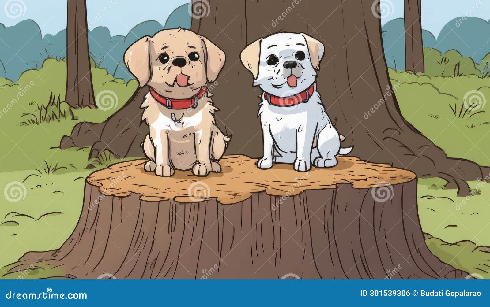Two Dogs Sitting on a Tree Stump Stock Illustration - Illustration of ...
