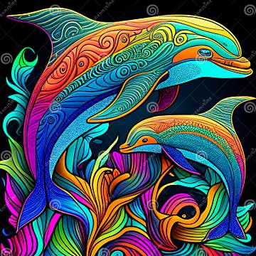 Two Dolphins in a Bright Color Palette. AI Generated Stock Illustration ...