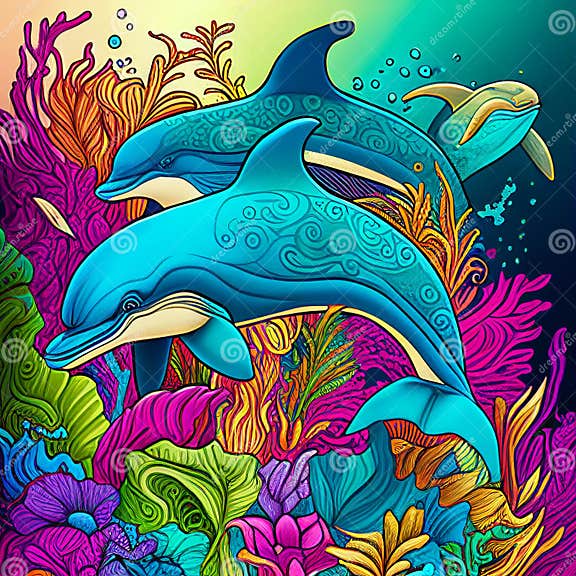 Two Dolphins in a Bright Color Palette. AI Generated Stock Illustration ...