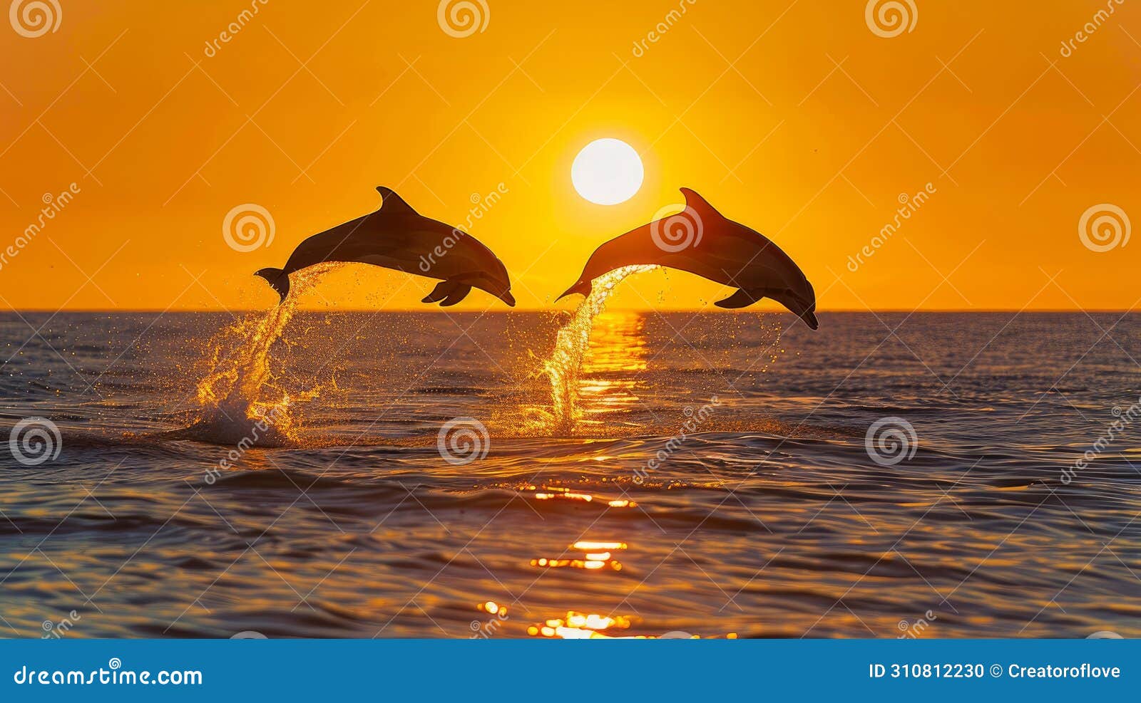 Two Dolphins Diving into the Ocean at Sunset Stock Illustration ...