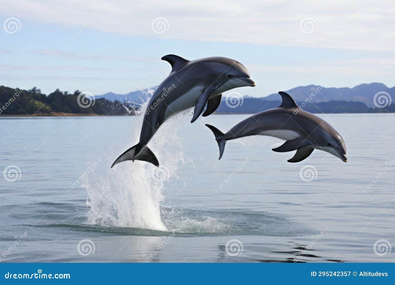 Two Dolphins Jumping Out of Water Stock Image - Image of action ...