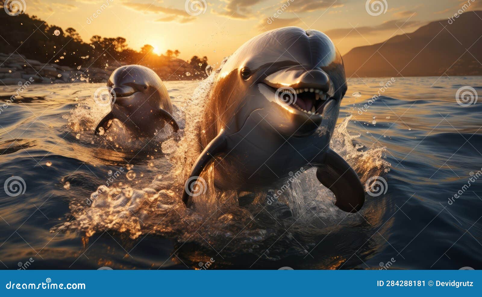 Two Dolphins Jumping Out of the Water. Generative AI. Stock ...
