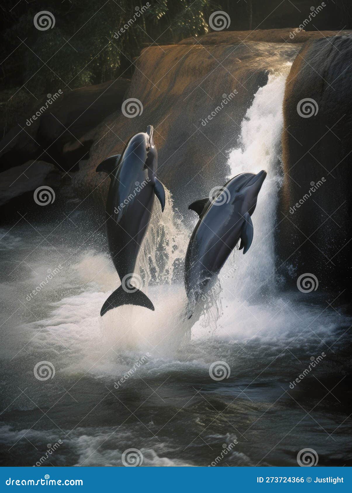 Two Dolphins Leaping Gracefully through a Waterfall. Stock Illustration ...