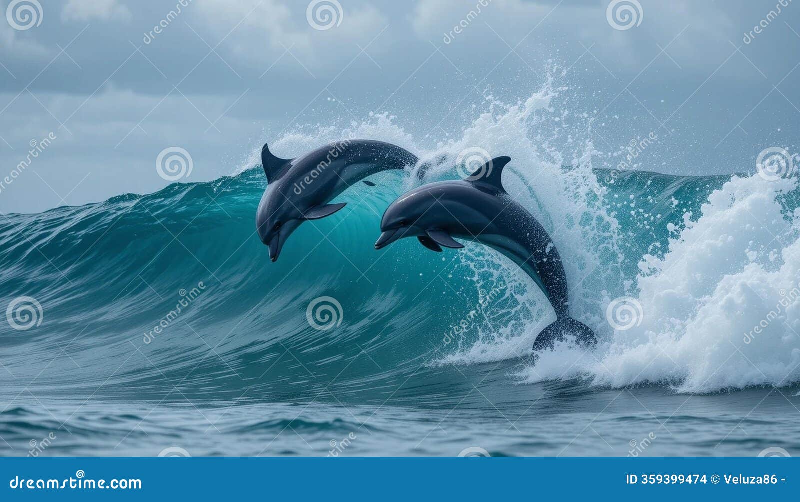Two Dolphins Leaping and Surfing through Ocean Waves Stock Photo ...