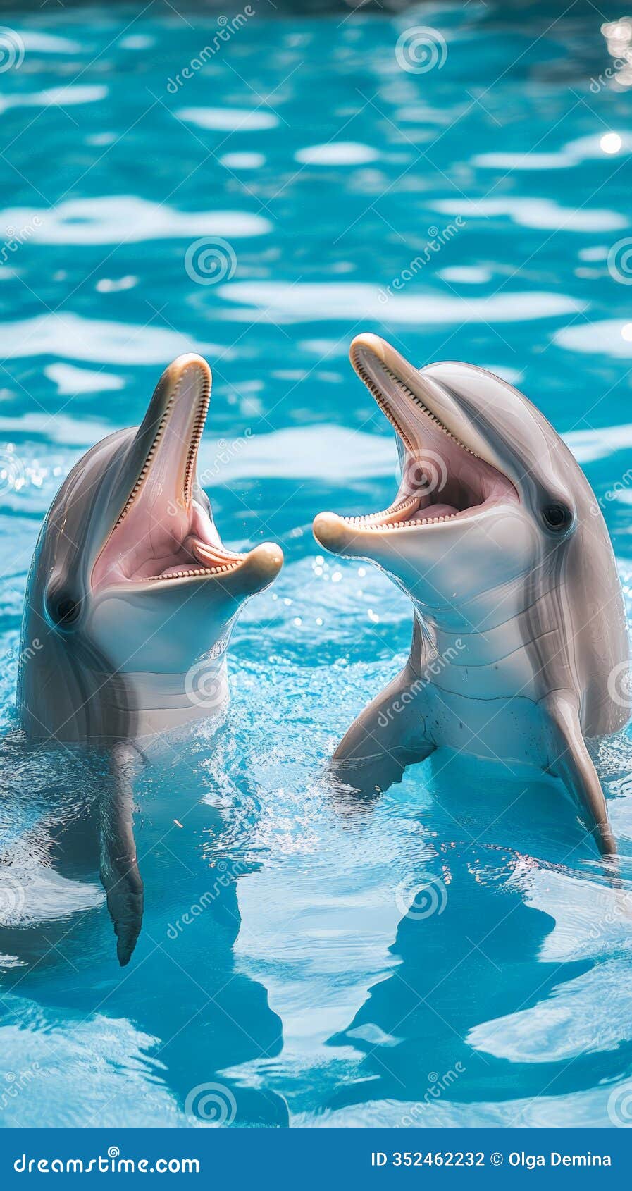 Two Dolphins Opening Mouths in Blue Water Stock Photo - Image of ripple ...