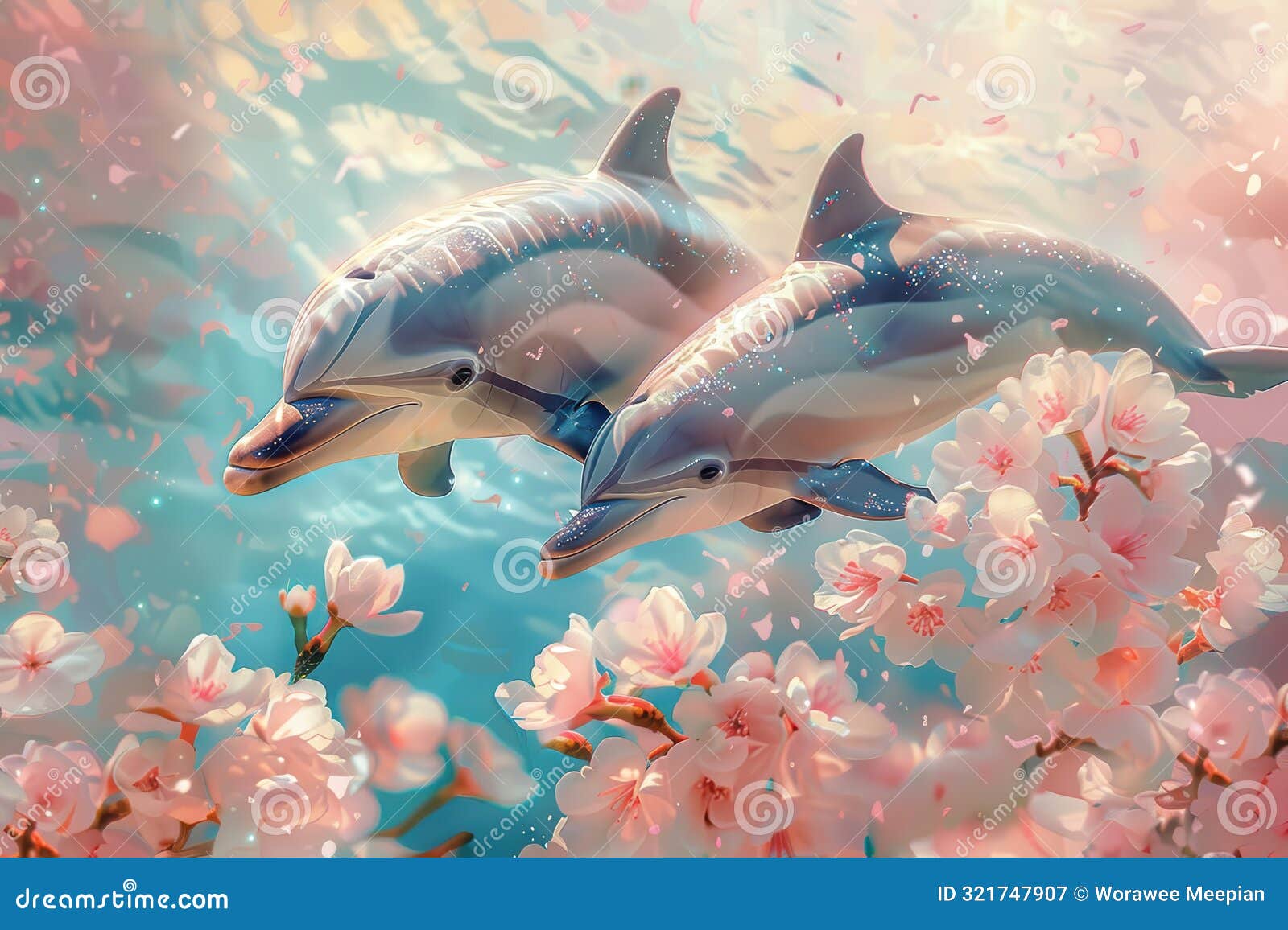 Two Dolphins are Swimming in the Ocean with Pink Flowers in the ...