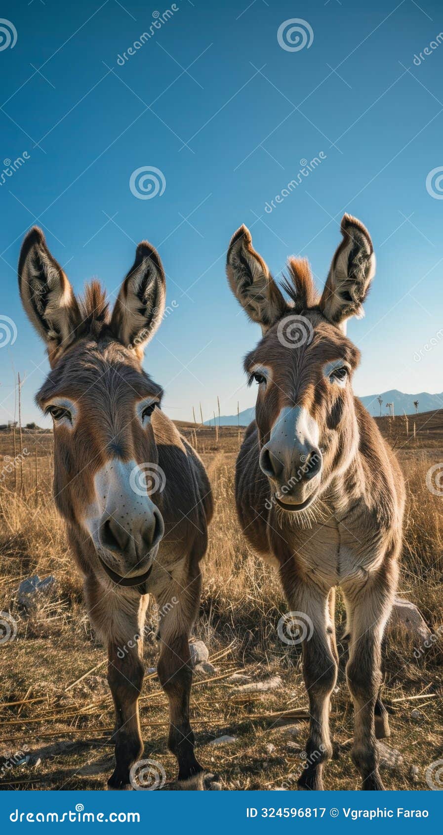 Two Donkeys in a Dry Field Under Clear Blue Sky Stock Image - Image of ...