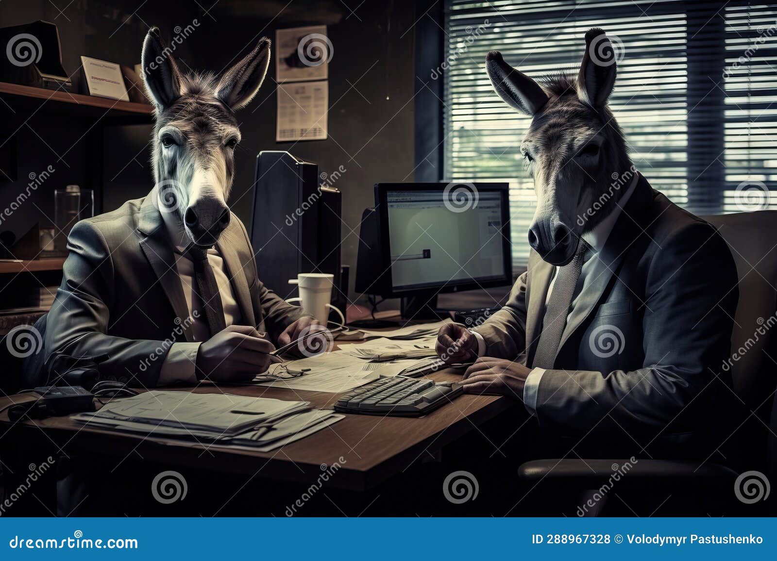 Two Donkeys Wearing Suits and Ties Sitting at Desk with Computer ...