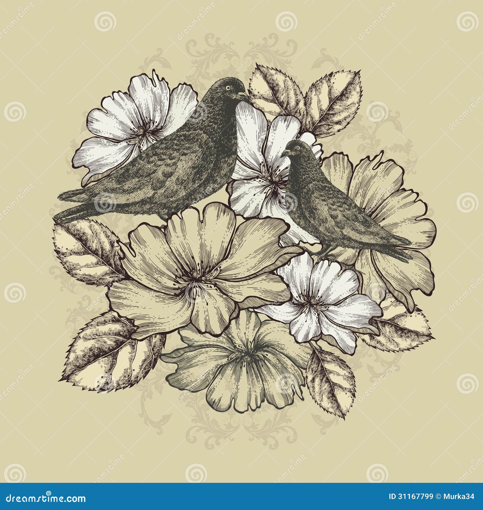 Two Doves with Blooming Roses. Vector Illustration Stock Vector ...