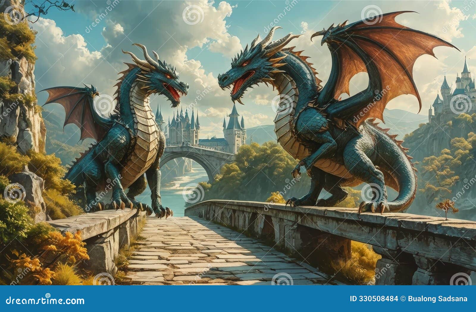 Two Dragons on Bridge with Castle in the Background Stock Illustration ...