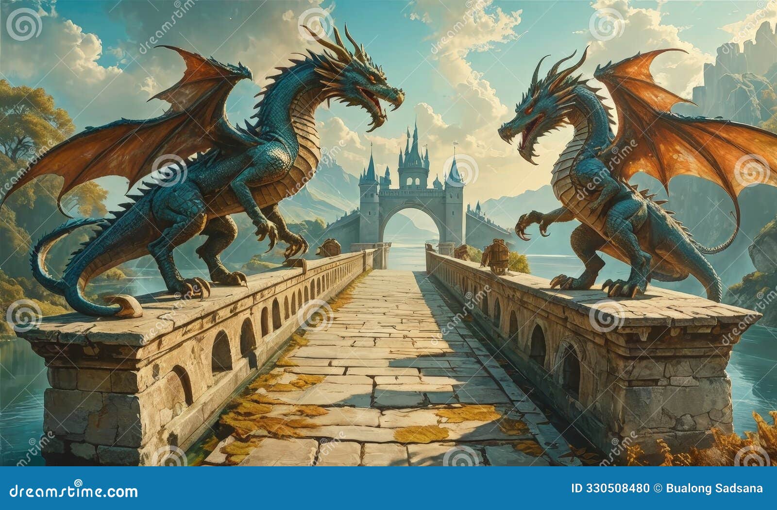 Two Dragons on Bridge in Front Castle Stock Illustration - Illustration ...