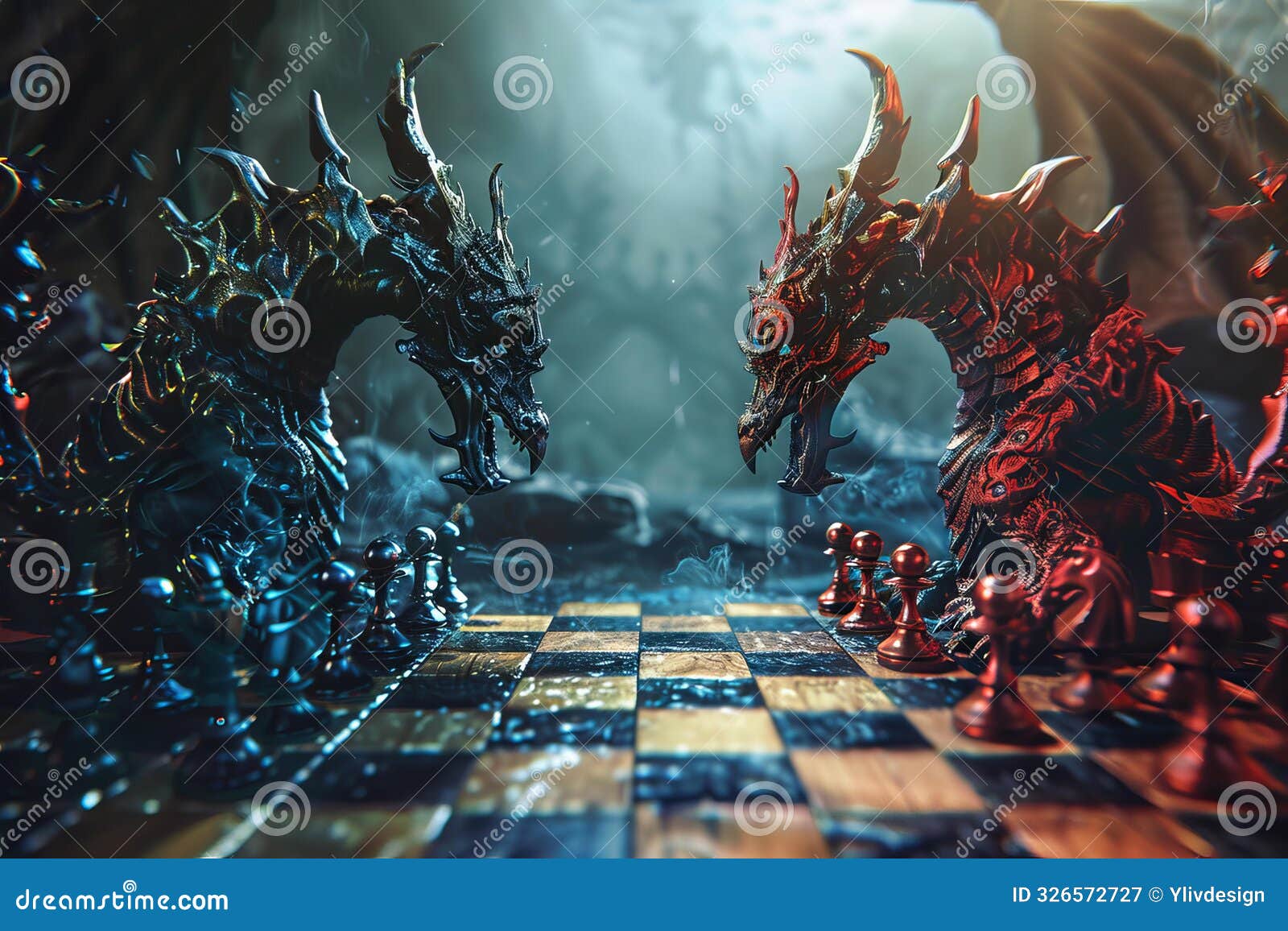 Two Dragons Facing Off As Chess Pieces on a Chessboard Stock ...