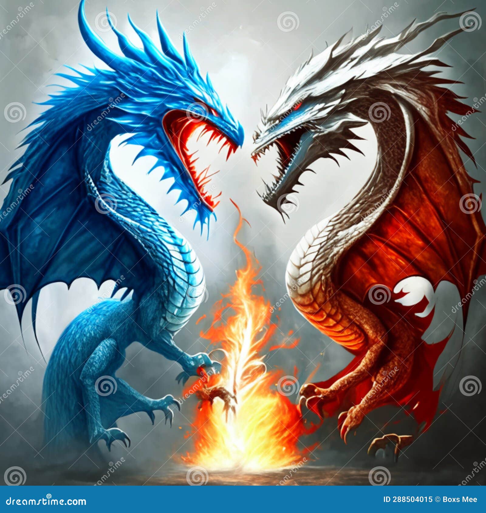 Two Dragons Fighting with Fire on Grey Background. 3D Rendering Stock ...