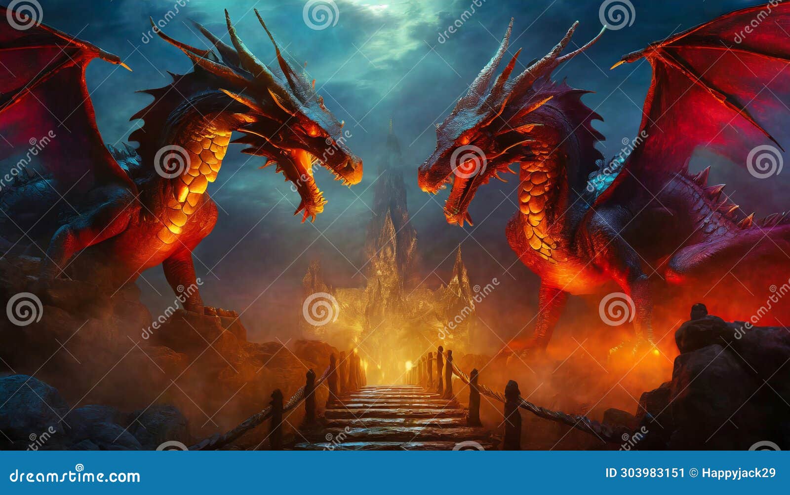 Two Dragons Guards the Path Across the Bridge, Legendary Beast Stock ...